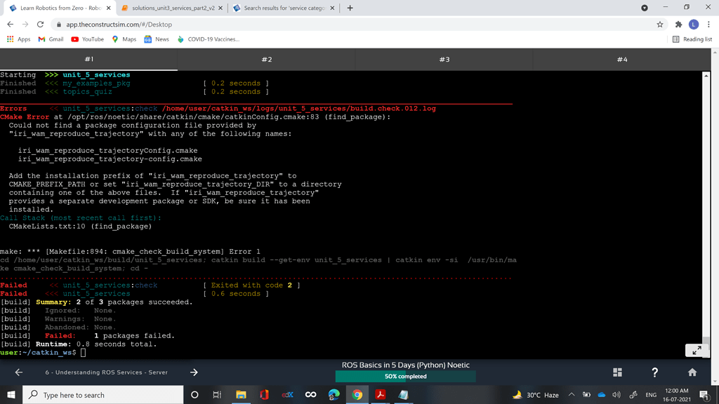 Compilation error of package unit_5_services in Unit 6 terminals o - ROS Basics In 5 Days ...