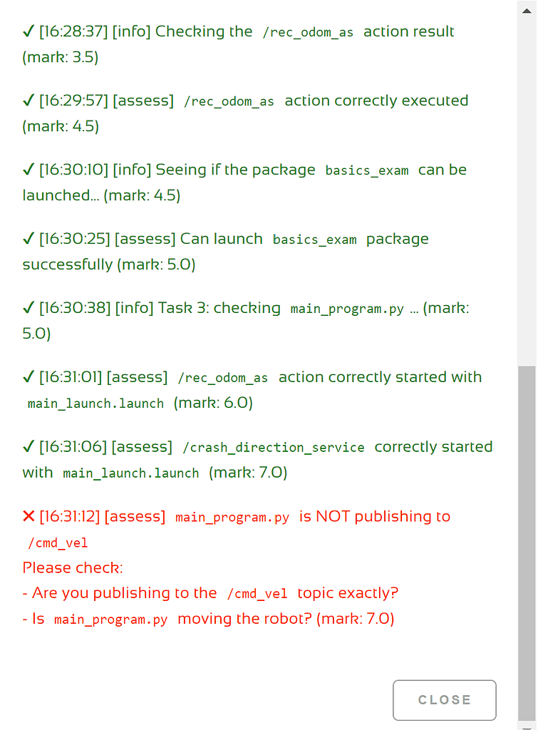 Failing the final exam while it is working - ROS Basics In 5 Days (Python) - The Construct ROS ...